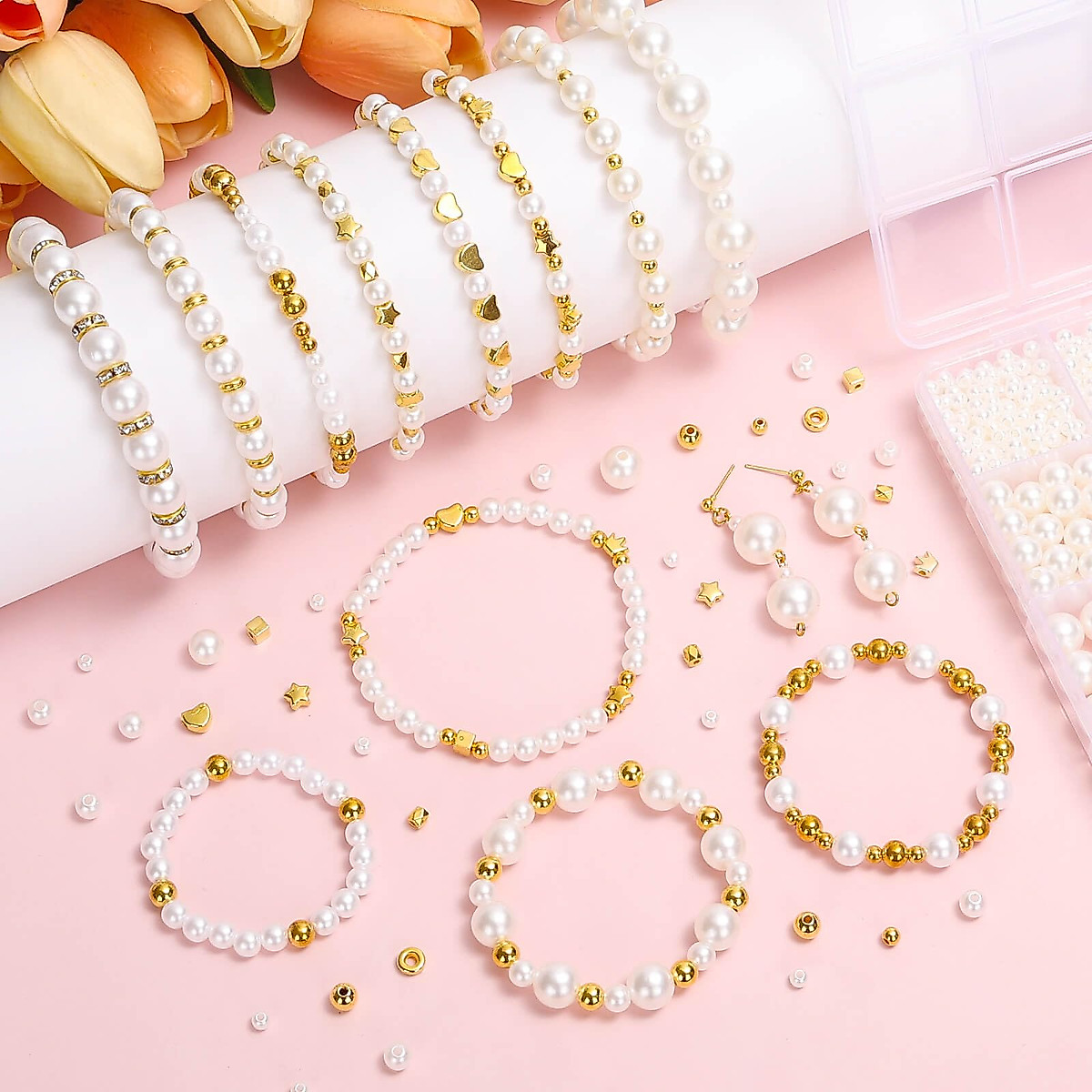 1290 Pieces Pearl Beads and Gold Spacer Beads for Bracelets Making, Assorted Gold Beads, Pearls for Bracelet Jewelry Making Kit
