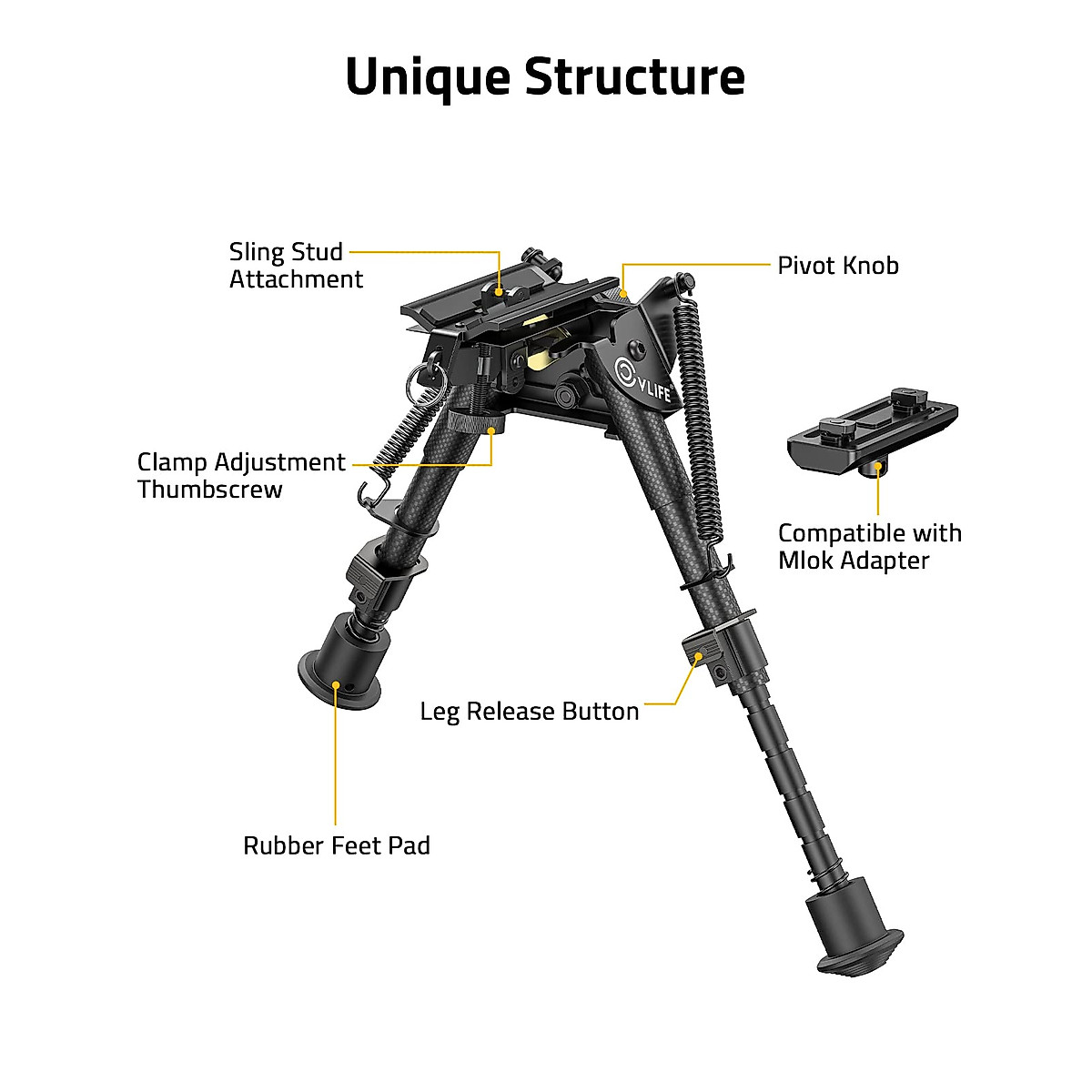 CVLIFE 6-9 Inches Carbon Fiber Rifle Bipod, Pivot Tilting Bipods for Rifles with Adapter Compatible with Mlok Swivel Bipod for Hunting and Shooting