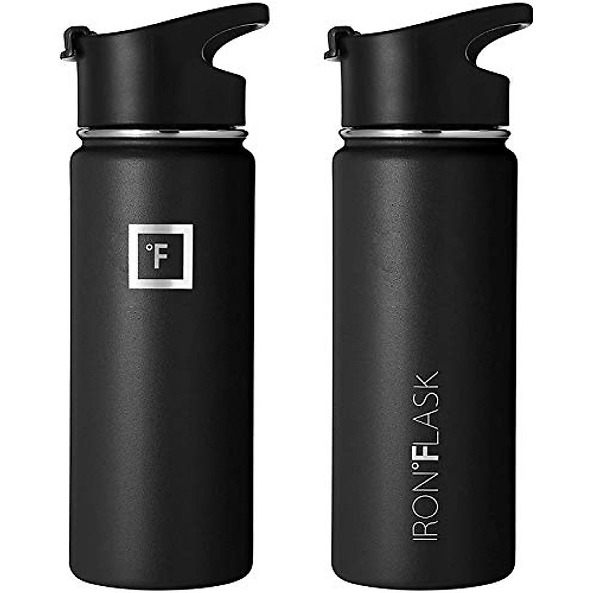 IRON °FLASK Camping & Hiking Hydration Flask with 3 Lids - Stainless Steel, Double Walled & Vacuum Insulated Water Bottle - Leak Proof & BPA Free (Midnight Black, Spout - 14 oz)