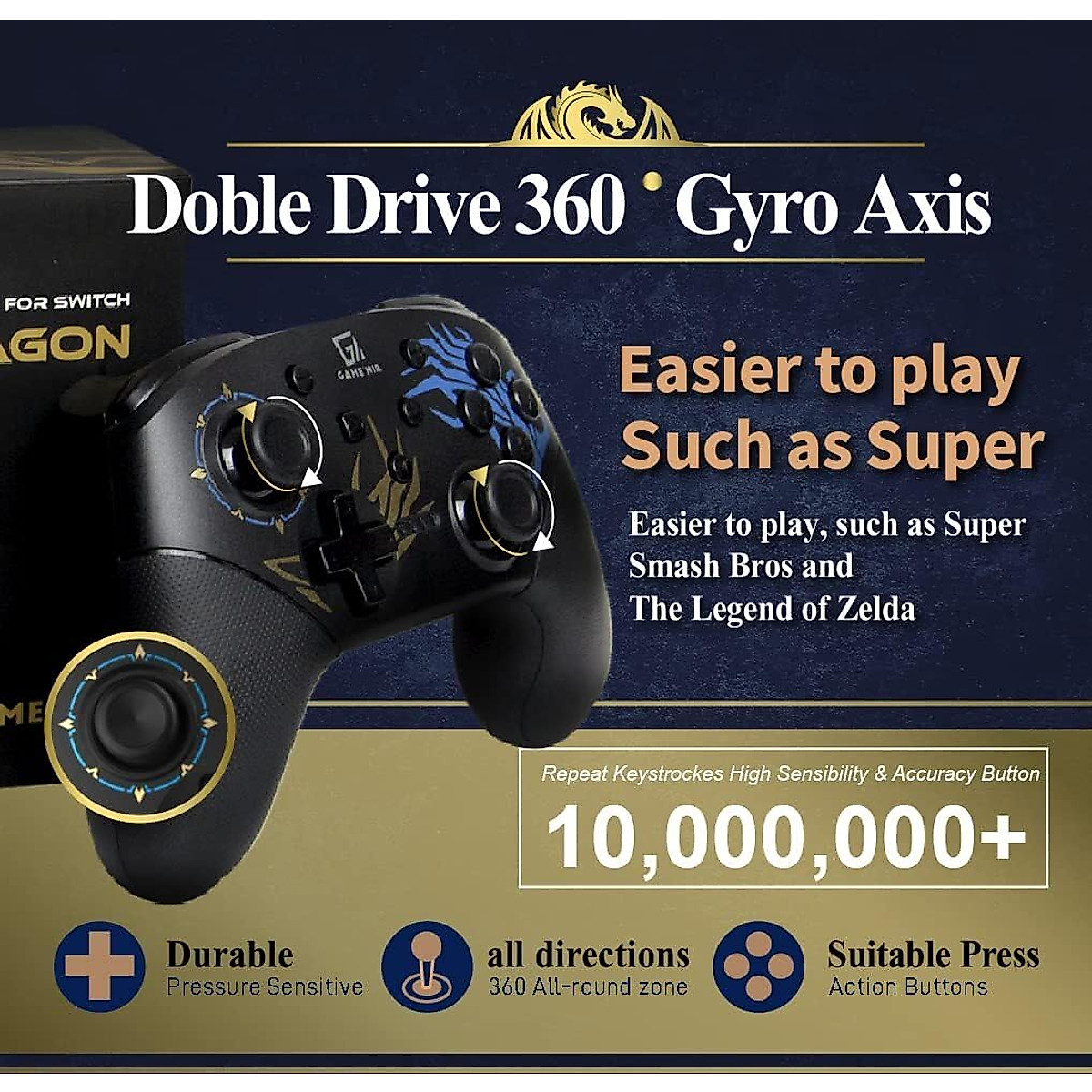GAME'NIR DRAGON PATTERN Wireless Switch Controller Support NFC Amiibo, Ergonomic Switch Pro Controller for Switch/Switch Lite/Switch OLED with Dual Motor, Gyro Axis, Turbo Function, 5 Level Vibration