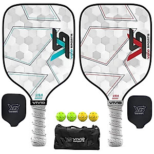 Vivid Sports Graphite Pickleball Paddle Set of 2, Polymer Honeycomb Core, Duffle Bag with 2 Indoor 2 Outdoor Pickle Balls, 2 Neoprene Paddle Covers, USAPA Wide Body Pickleball Raquette (White)