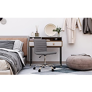 HOMEFLA PU Leather Office Armless-Computer Swivel Rolling Task Home Low Back Makeup Ribbed Desk Chair with Wheels for Bedroom Conference Reception Room (Grey, Retro)