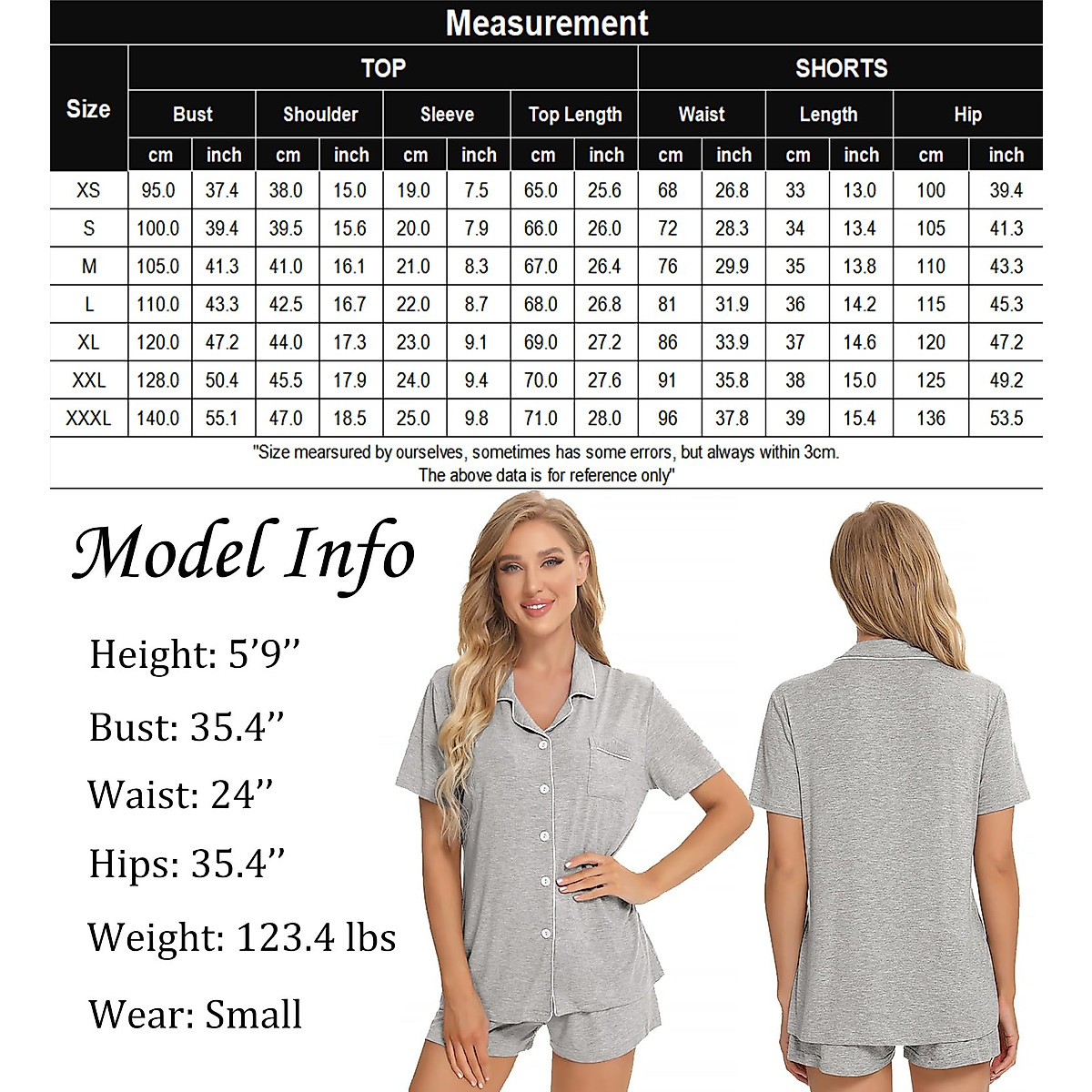 SWOMOG Womens Button Down Pajamas Set Short Sleeve Sleepwear Bride Soft Pj Lounge Sets XS-3XL Grey Medium
