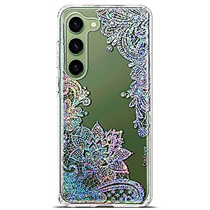Coolwee Clear Glitter for Samsung Galaxy S23 Plus Case Thin Flower Slim Cute Crystal Lace Bling Sparkle Floral Hard Plastic Cover Back Soft TPU Bumper Protective Mandala Henna Anti Yellowing