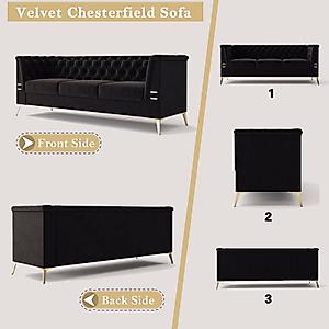 Tomkate Chesterfield Sofa, 82" Velvet Upholstered 3 Seater Couches with Flared Arms and Removable Cushions, Mid-Century Modern Sofa Couch with Solid Wood Frame and Gold Legs for Living Room (Black)