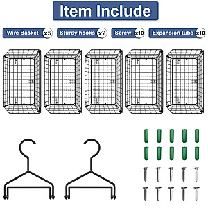 HYPIGO 5-Tier Closet Organizer Wire Hanging Shelves, Wire Basket and Metal Storage Bin with 2 Hooks, Multi-Purpose for Closet, Laundry Room, and Kitchen Organization(Black)