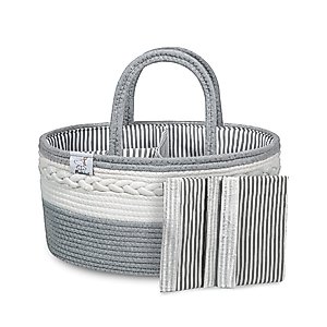 MADDYKINS - Diaper Caddy, Diaper Basket Organizer, 100% Pure Woven Cotton Diaper Storage Caddy, Large Diaper Caddy, Grey/White