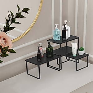 CADUKE Counter Shelf Organizer Set of 2, Wood Kitchen Cabinet Shelves, Expandable Cabinet Organizer, Stackable Countertop Storage Rack for Bathroom Pantry, Black