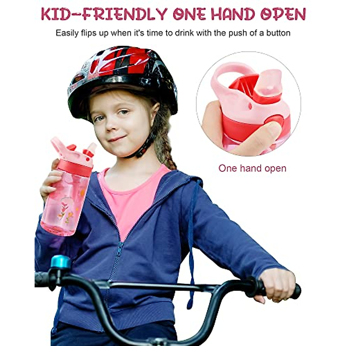 A+ Choice Kids Water Bottle with Straw & Handle - 16 oz BPA Free Kids Water Bottles, Spill Proof, Easy-Clean, Dishwasher Safe - Cute Rabbit Pink