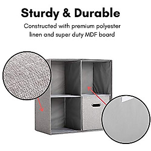 BIRDROCK HOME Grey Linen Cube Organizer with 4 Storage Bins – Collapsible Fabric Shelves and Cubes