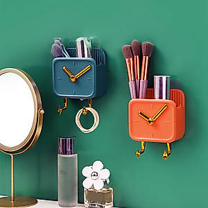 Cyrank Wall Mounted Storage Box, Self Adhesive Wall Mount Phone Holder Stick On Wall Shelf Wall Mounted Holder with 2 Hooks for Home Office(Blue)