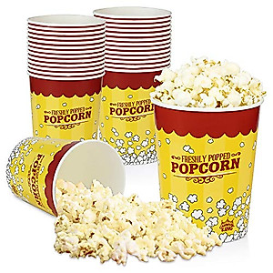 [25 Pack] Popcorn Buckets Disposable - 32 Oz Yellow and Red Paper Popcorn Containers - Solo Popcorn Tubs for Home and Theater Movie Night - Popcorn Cups for Circus, Carnival Theme Party Decorations