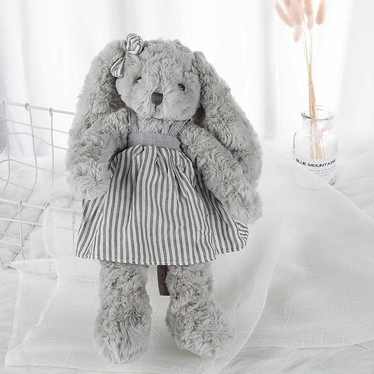 Easter Bunny Stuffed Animal, 12" Grey Plush Rabbit for Girls