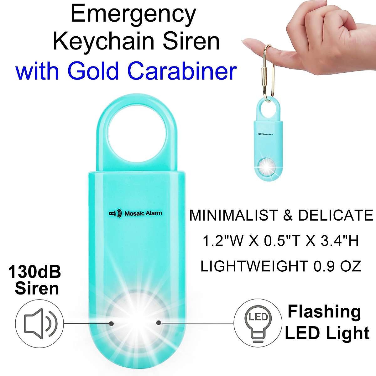130dB Personal Safety Alarm Strobe Light. Loud Sound SOS Emergency Alerts with Carabiner. Self Defense Keychain Siren for Women, Elderly, Children, Night Runners, Hiking. Bear Alarm Deterrent. Aqua