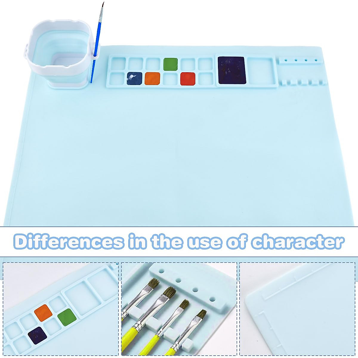 OTYMIOW Silicone Painting Mat with Cup, 20"X16" Silicone Art Mat, Silicone Craft Mat with Cup and Palette, Silicone Paint Tray for Painting, Art, Handmade, Make Mold, and DIY Creations Blue