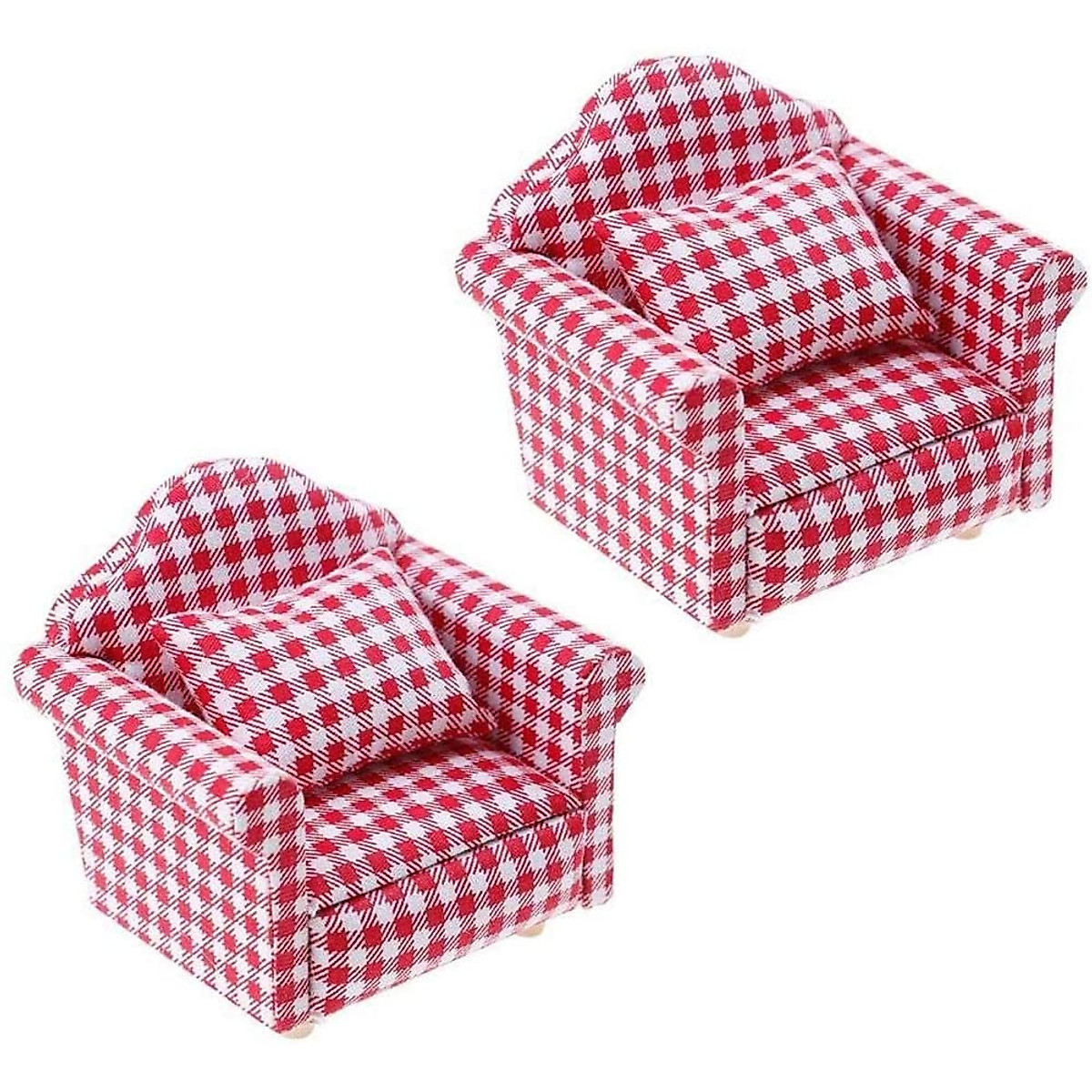2 Sets 1:12 Scale DIY Dollhouse Sofa&Armchair with Pillow Mini Dolls House Furniture Couch&Chair Miniature Wooden Furniture Handmade Crafts Supplies Red Checkered Dollhouse Toy Dollhouse Accessories