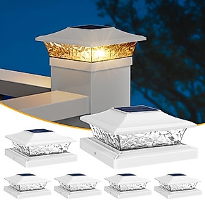 APONUO 5x5 Solar Post Cap Lights White for Vinyl Fence,White Solar Post Cap Lights 2 Color Mode Outdoor Waterproof for Fence Post Caps 4x4,6x6 Wood&4x4 5x5 Vinyl Deck Post Caps,White,6 Pack