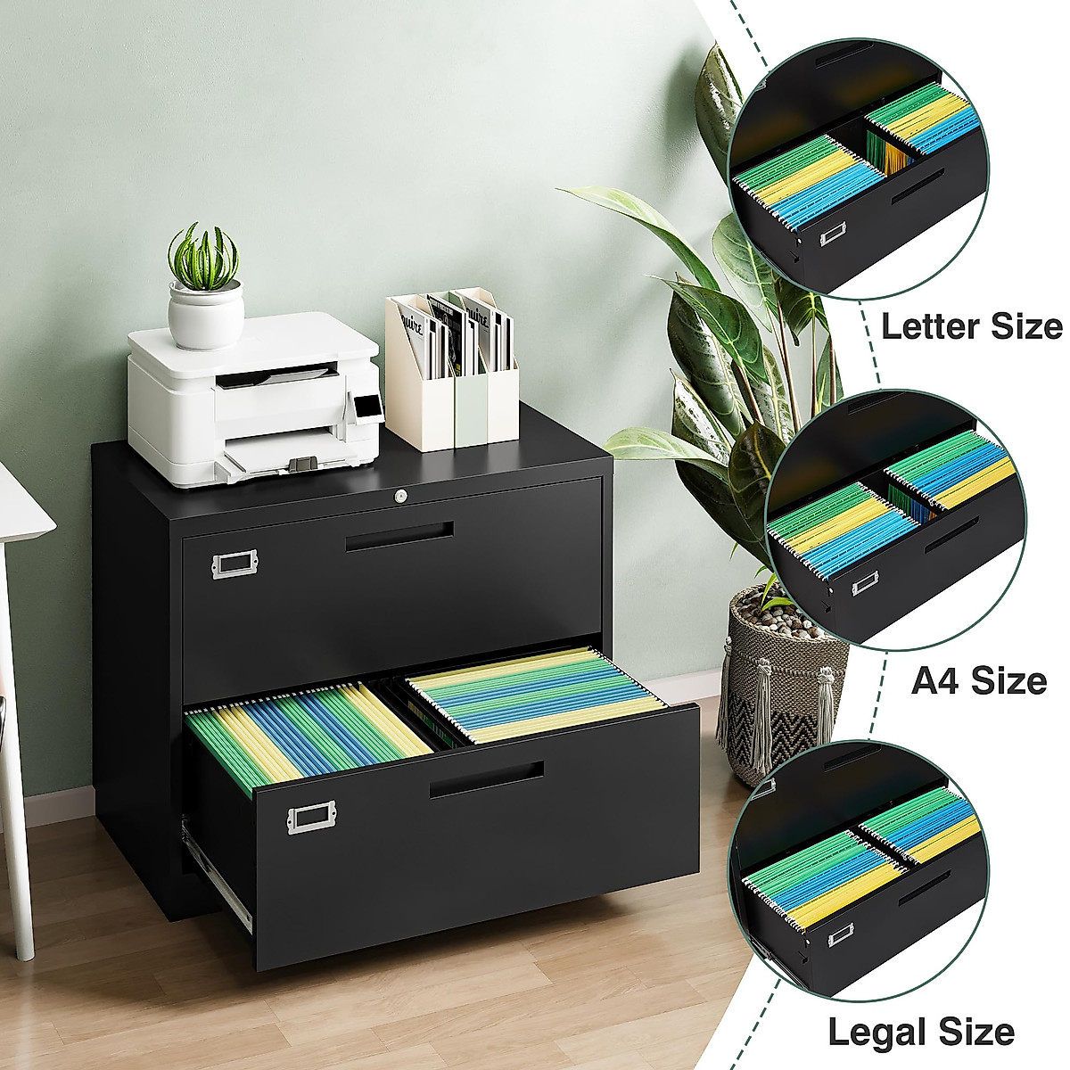 Letaya File Cabinets,2 Drawer Metal Lateral Filing Organization Cabinets with Lock,Home Office for Hanging Files Letter/Legal/F4/A4 Size(2 Drawer-Black)