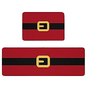 LAMANDA 2 Pieces Kitchen Rugs Set Christmas Santa Claus Belt Area Rug,Absorbent Bath Mats Soft Doormat Floor Mat Red Black Yellow Block,Non-Slip Cushion Standing Mats