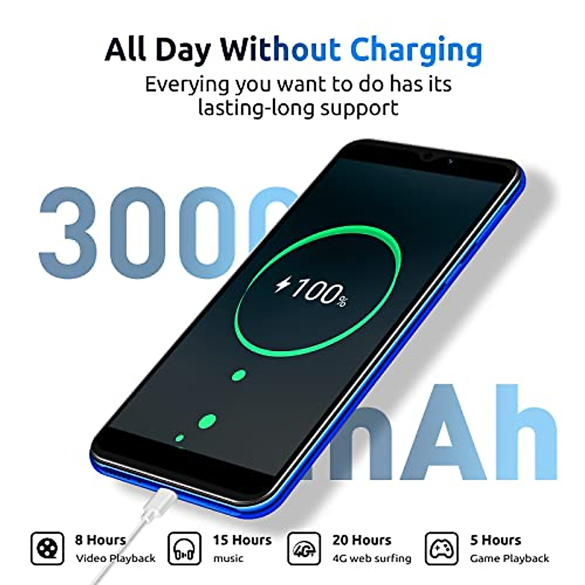 Xgody X60 4G Unlocked Phones, 6'’ QHD Waterdrop Screen Dual Sim Unlocked Cell Phones, Quad-core 2GB+16GB Smartphones, 3000mAh Battery, Face Unlock, AI Camera 5MP+5MP Cheap Android Phone (Blue)