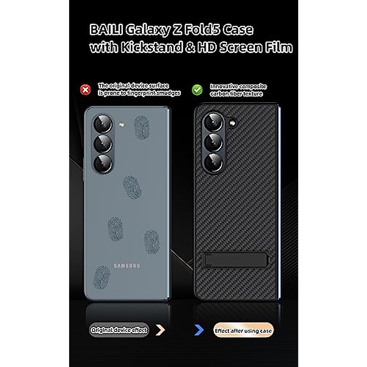 BAILI Galaxy Z Fold5 Case with Kickstand,Carbon Fiber Finish and Glass Back Z Fold5 Cover with HD Screen Film,Support Wireless Charging Shell for Samsung Galaxy Z Fold5-Blue