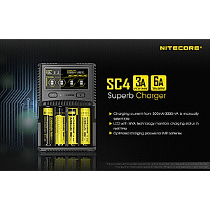 Nitecore SC4 Superb Charger with USB Output includes Car Charger Adapter and LumentTac Battery Organizer Bundle for 18650 17650 17670 RCR123A 16340 14500 Batteries