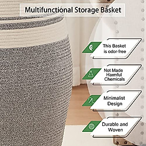 OIAHOMY Laundry Hamper Woven Cotton Rope Large Clothes Hamper 25.6" Height Modern Curve Basket with Extended Cotton Handles for Storage Clothes Toys in Bedroom, Bathroom, Foldable (White & light grey)