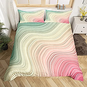 Green Pink Gradient Stripe Duvet Cover Set Twin Size,2 Pieces Breathable Marble Watercolor Bedding Sets(1 Duvet Cover+1 Pillowcase),Children Luxury Abstract Printed Comforter Cover Set for Teens Kids
