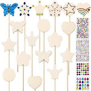 Pllieay Princess Fairy Wands Kit Include 18 Pieces 6 Styles Unfinished Wooden Princess Wand and 4 Gem Stickers Princess Art Magical Show for Party Supplies