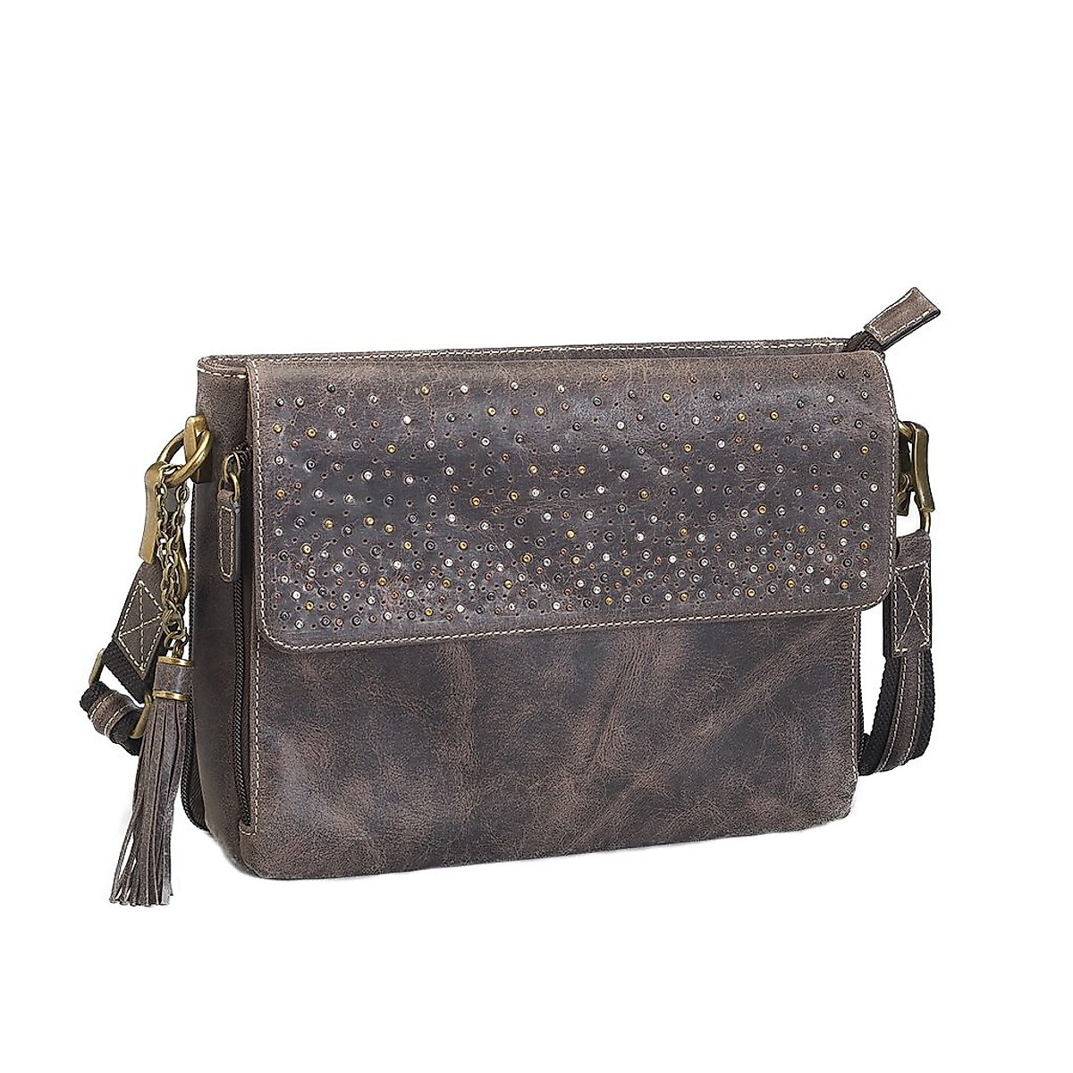 Distressed Buffalo Leather Crossbody Organizer Purse by Gun Tote'n Mamas (Brown), Medium