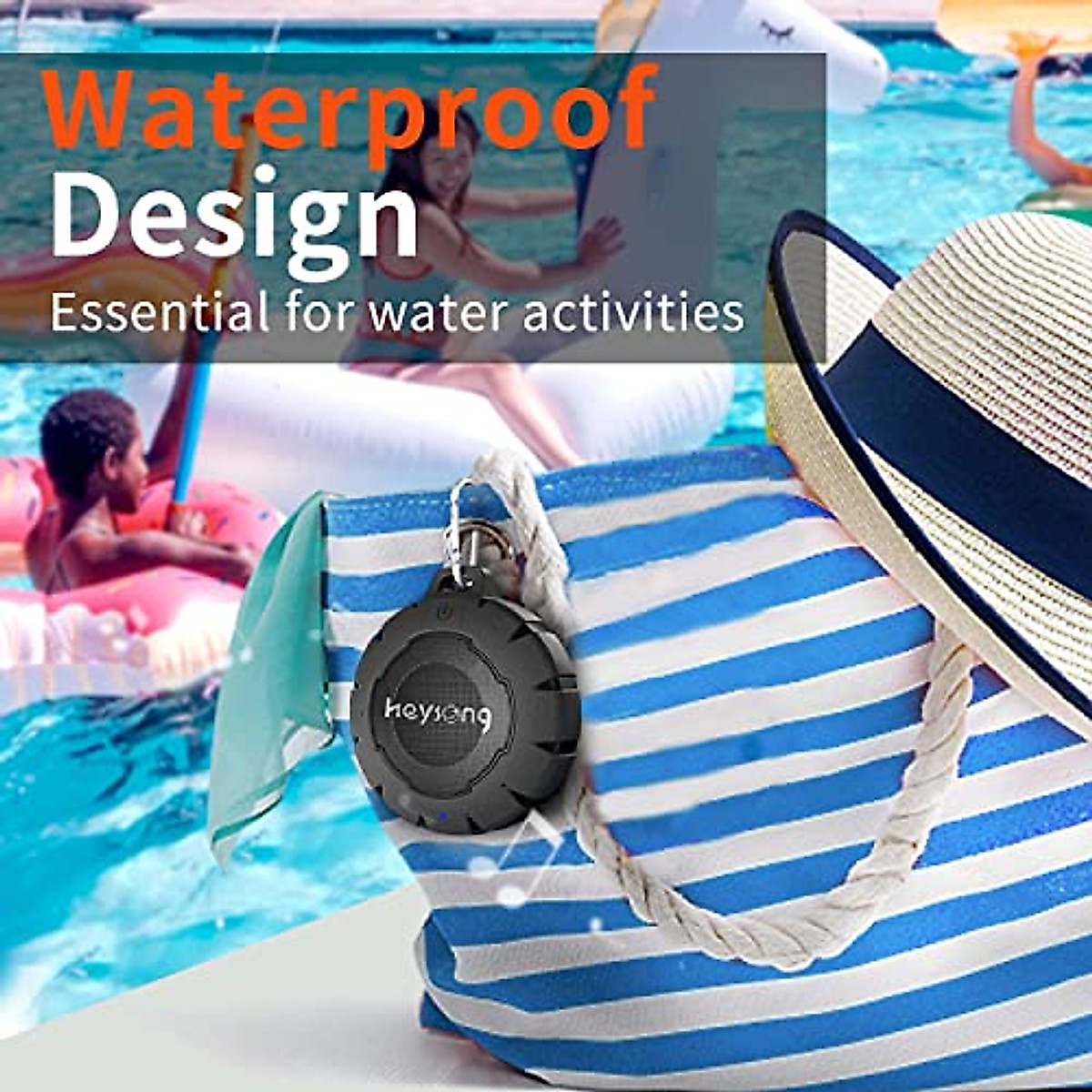 HEYSONG Small Shower Speaker, IP67 Waterproof Speakers, 15H Playtime, Stereo Pairing, Lightweight Portable Speaker for Pool, Beach, Hiking, Boat, Kayak Accessories