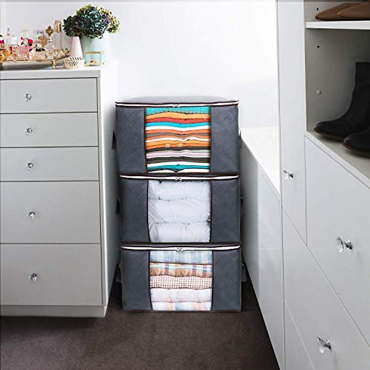 Toocoo Closet Organizer and Clothes Storage Bags with Reinforced Handle, Sturdy Zipper and Clear Window Thick Fabric for Comforters, Blankets, Bedding and Clothing 3 Pack, 90L, Grey …