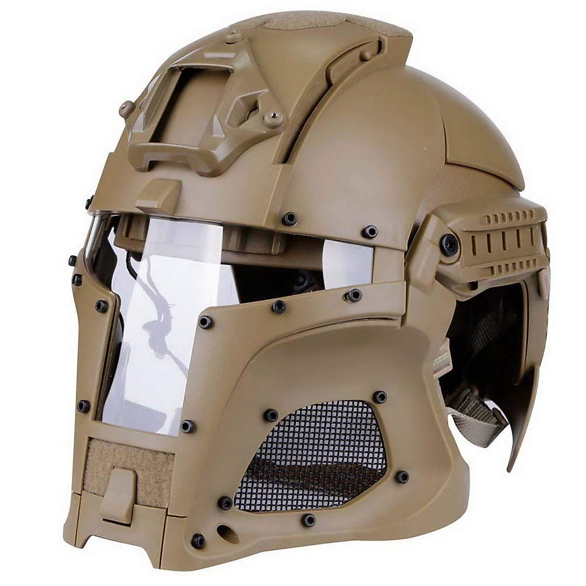 Simways Cosplay Airsoft Full Face Head Helmet Tactical Sorta-Kinda Mandalorian/Boba Fett/Galac-Tac/Star Wars Airsoft Helmet with Exchangable Lens(Tan)