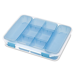 Sterilite Divided Case, Stackable Plastic Small Storage Container with Latch Lid, Organize Crafts, Small Hardware Items, Clear with Blue Trays, 6-Pack