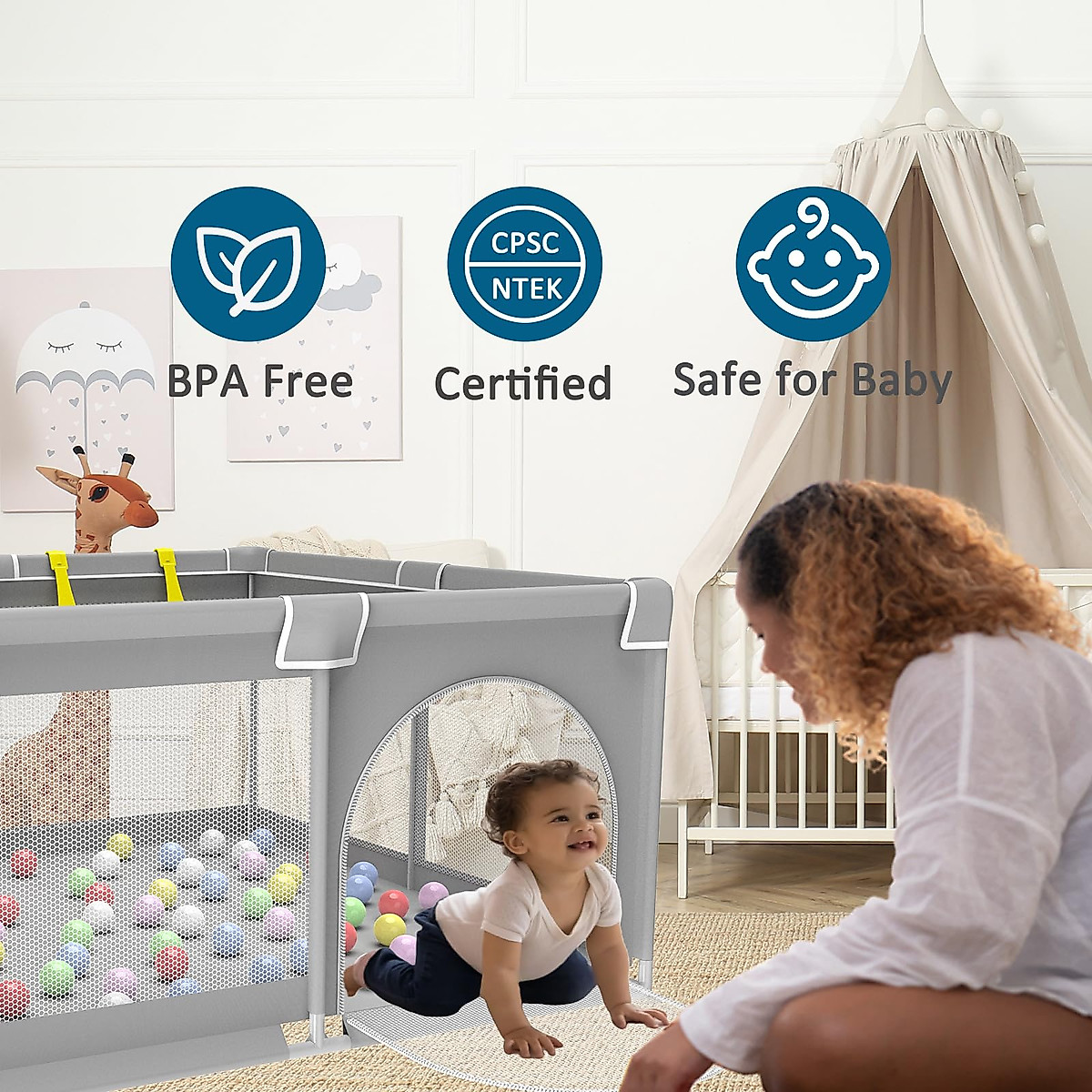Small Playpen for Babies, Portable Playpen for Babies and Toddlers, 36x36in Safety Baby Gate Playpen Play Yard, Baby Fence Indoor Outdoor Playard Activity Center with 2 Pull Up Rings