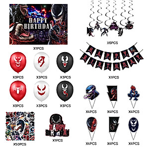 XIAMIE 51Pcs Venom Birthday Party Supplies Set, 5*3ft Backdrop, 12 inch Latex Balloons, Cupcake, Cake Topper, Hanging Swirls, Happy Birthday Banner Venom Themed Birthday Party Supplies Decorations