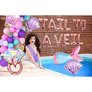 LaVenty 126 PCS Tail To Veil Bachelorette Decoration Mermaid Bachelorette Decoration Tail To Veil Balloons Bride To Be Sash for Mermaid Engagement Bridal Shower Party Blue Tinsel Curtain