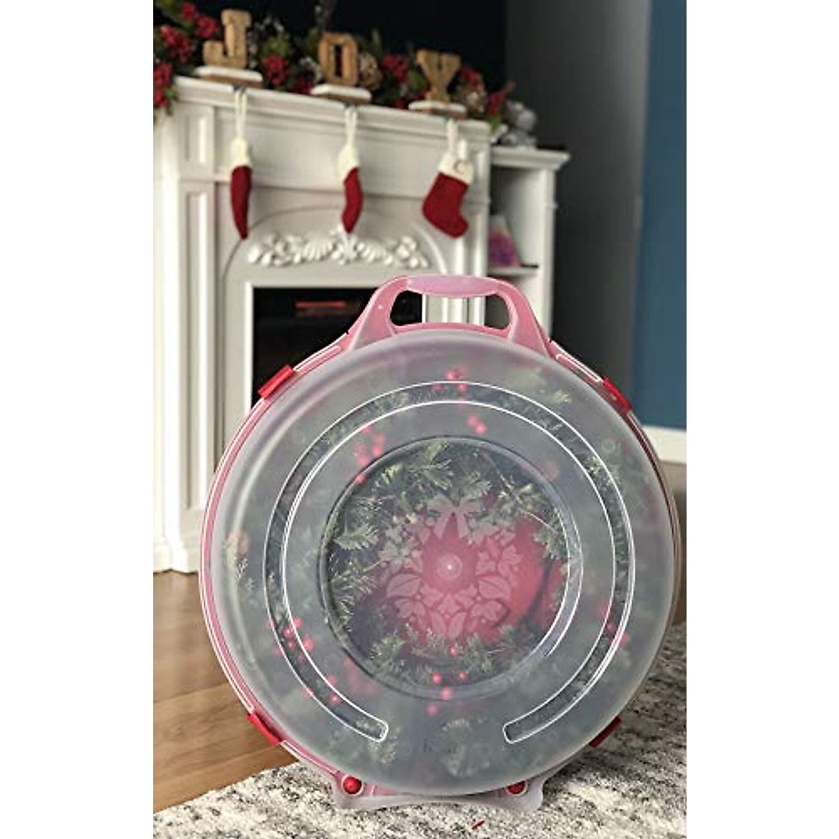 HOMZ Set of 3 Holiday Wreath Plastic Storage Containers, Holds Up to 24” Diameter, Secure Latching Lid and Easy Grip Handle, Stackable and Nestable, Red/Clear