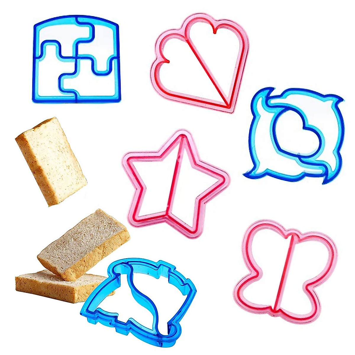 Sandwich Cutter and Sealer, 6 Pcs Bread Decruster Sandwich Cutter Pancake Maker Dinosaur Butterfly Dolphin Heart Puzzle Shape DIY Cookie Sandwich Cutters for Kids Bento Box