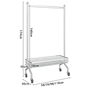 ARALEL Garment Rack Silvery Metal Clothing Rack On Wheels Heavy Duty Garment Rack with Storage Basket Sturdy Clothes Rail for Hanging Clothes Space Saving Coat Rack for Bedroom(Size:58X40X174CM)