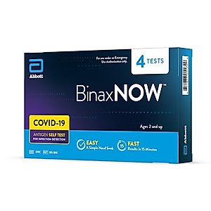 BinaxNOW COVID-19 Antigen Self Test, 1 Pack, 4 Tests Total, COVID Test With 15-Minute Results Without Sending to a Lab, Easy to Use at Home