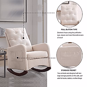 Deolme Modern Accent Rocking Chair, Button Tufted Upholstered Glider Rocker for Nursery, Comfy Armchair with Side Pocket, Lounge Chair with High Backrest for Living Room, Bedroom (Fabric Light Beige)