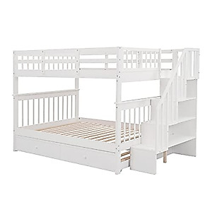 Full Over Full Bunk Bed with Trundle, Wood Full Bunk Bed with Storage Shelves, Full Over Full Bunk Bed Frame with Guardrails and Stairs for Kids Teens Adults, Can be Convertible into 2 Beds, White