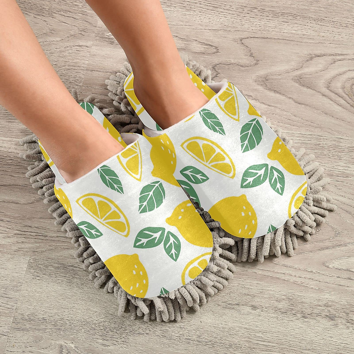 Lemons Green Leaves Mop Slippers Shoes Cover for Floor Cleaning Washable Dust Dirty Hair Cleaners Microfiber Mop Socks for Kitchen House Office