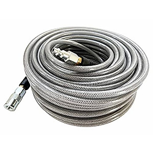 SANFU Polyurethane(PU) Air Hose 1/4-Inch x 100ft Reinforced, lightweight Anti-low temperature 300PSI with 1/4” Swivel Industrial Quick Coupler and Plug, Bend Restrictor, Silver Gray(100’)
