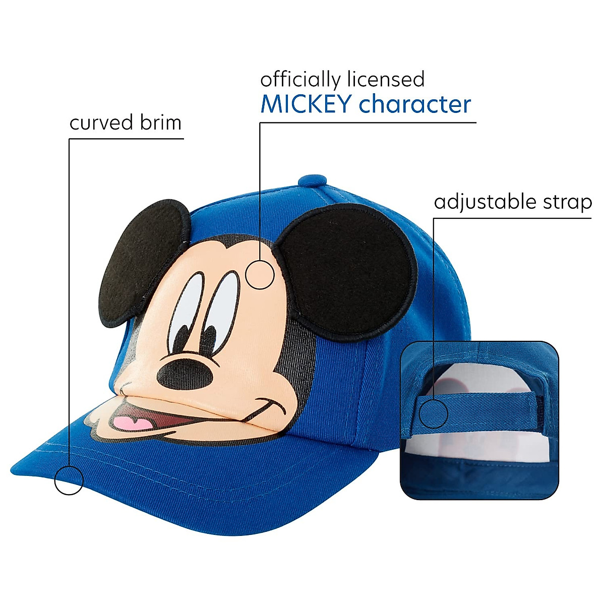 Disney Boys' Mickey Mouse Baseball Cap - 3D Ears Curved Brim Strap Back Hat (4-7), Size 4-7 Years, Mickey Mouse Ears Blue