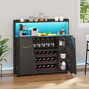 DWVO Bar Cabinet with LED Lights, 47'' Sideboard Buffet Coffee Bar Cabinet with Wine Rack and Glass Holder, Liquor Cabinet with Adjustable Shelf for Living Room, Kitchen, Dining Room, Black