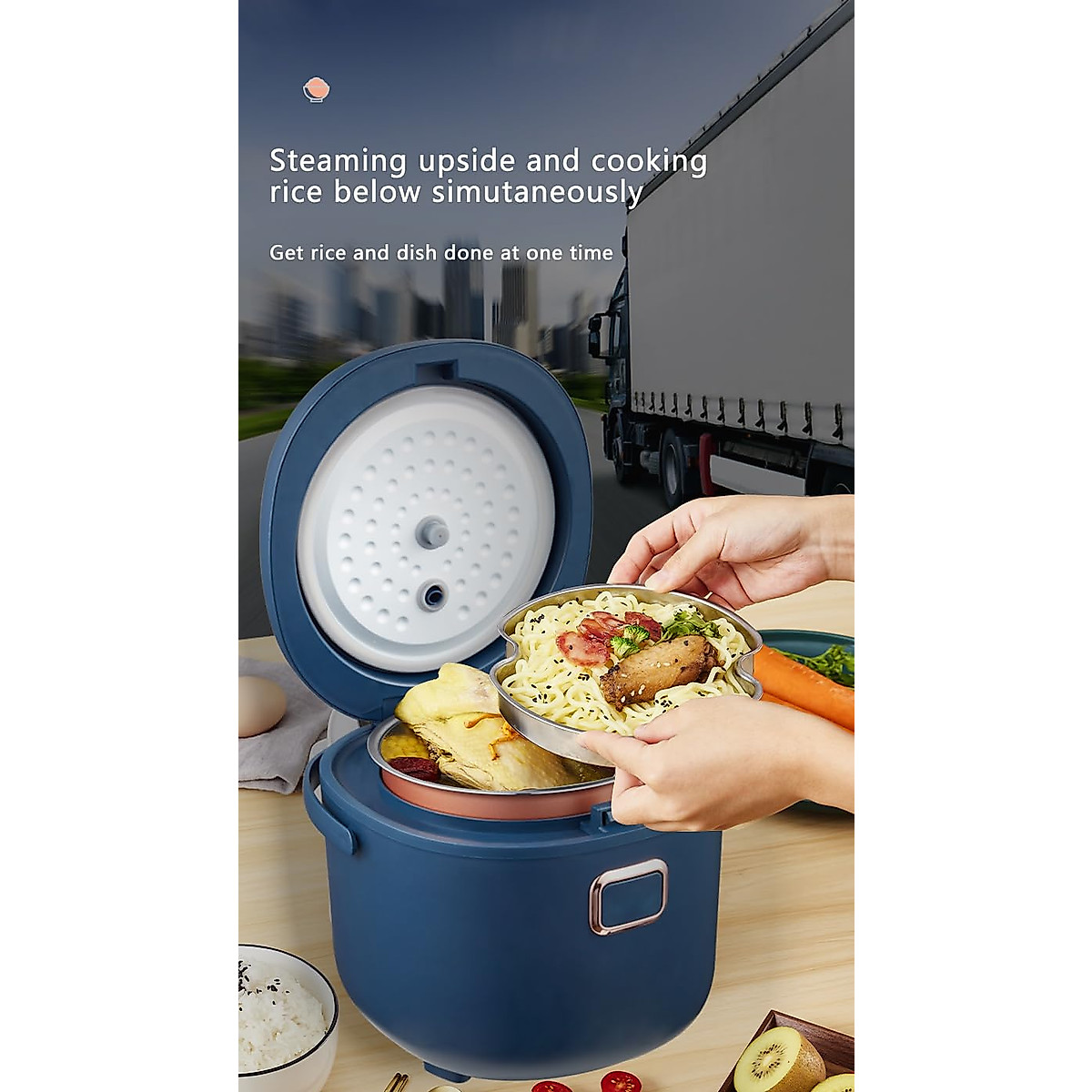 AMIEROUS 12V/24V Mini Rice Cooker, 2L Portable Travel Rice Cooker For Car/Truck, Small Rice Cooker with Steam Tray, Cooking Heating and Keeping Warm Function(Blue)