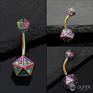 OUFER 14G Belly Rings, 20 Sided Dice Icosahedron 316L Stainless Belly Button Rings, DND Navel Piercing Jewelry, Curved Barbells