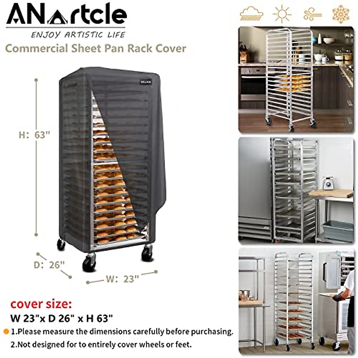 ANartcle Pan Bun Rack Cover,600D Waterproof and Dustproof Bun Rack Cover, Suitable for Commercial Bun Pan Bakery Rack - 20 Sheet,23" W x 26" D x 61" H,Black